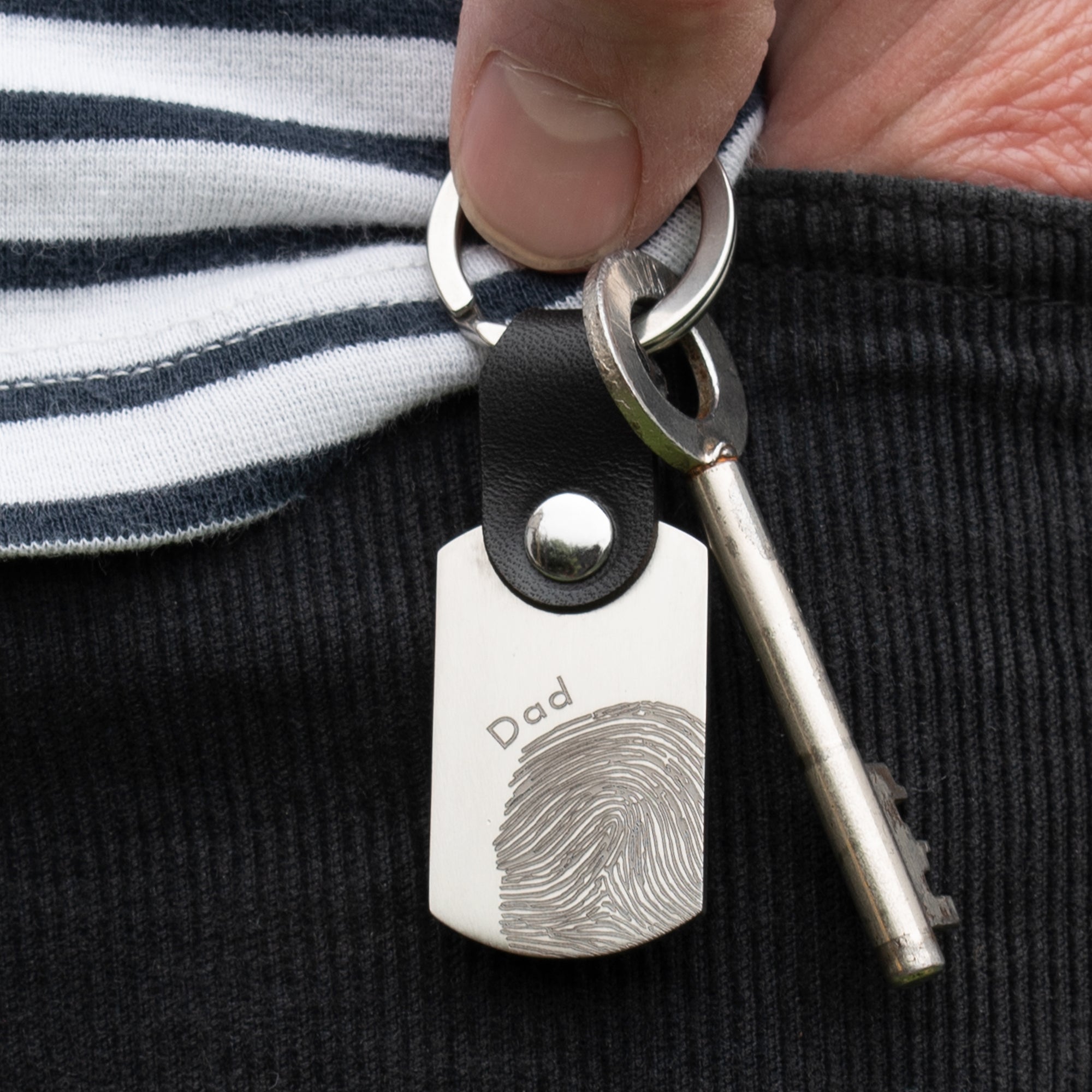 Personalised Leather and Steel Fingerprint Keyring | Memorial Keyring ...