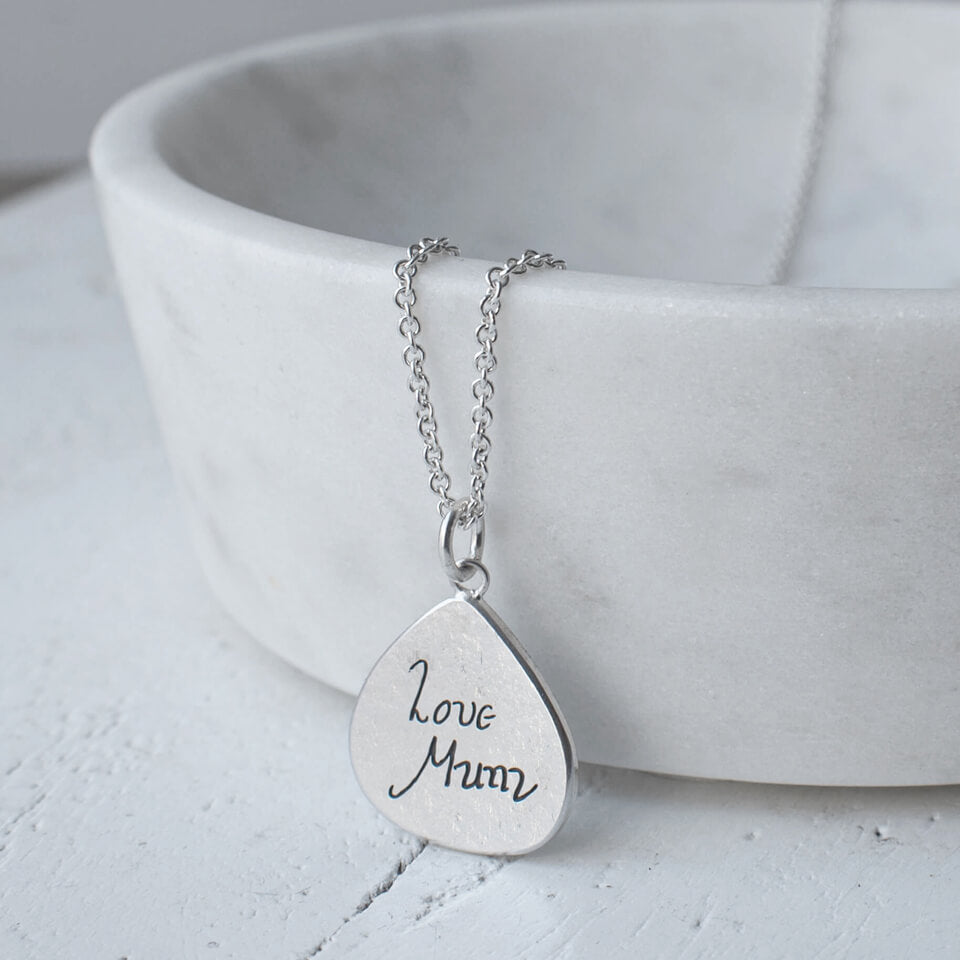 Personalised Handwriting Droplet Necklace in Silver or Gold - Hold upon ...